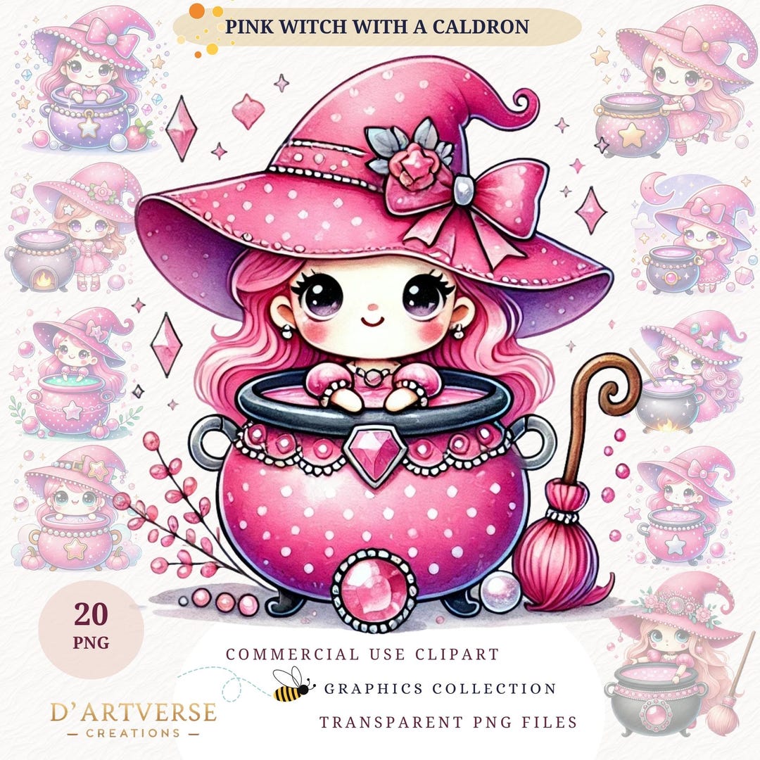 Pink Witch Clipart Cute Watercolor Witch With Cauldron PNG Magic ...