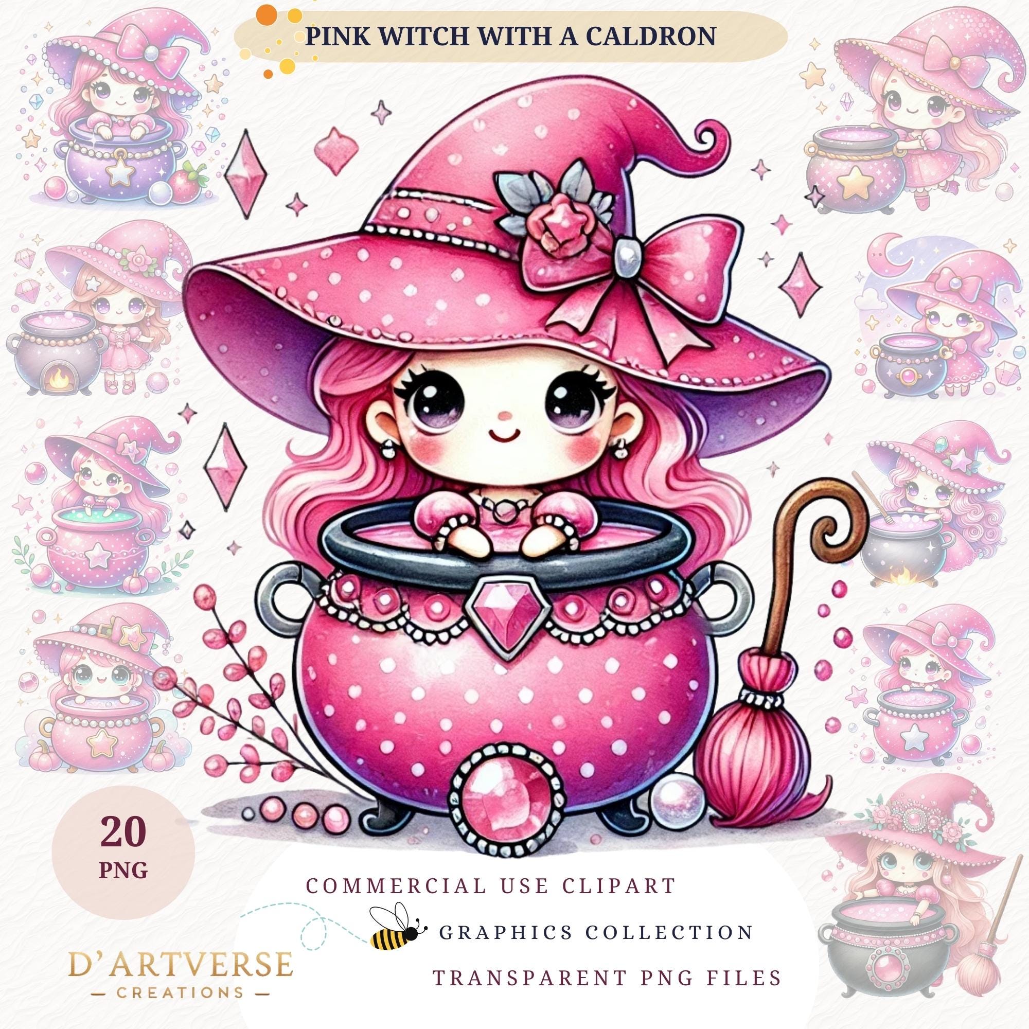 Pink Witch Clipart Cute Watercolor Witch With Cauldron Png Magic