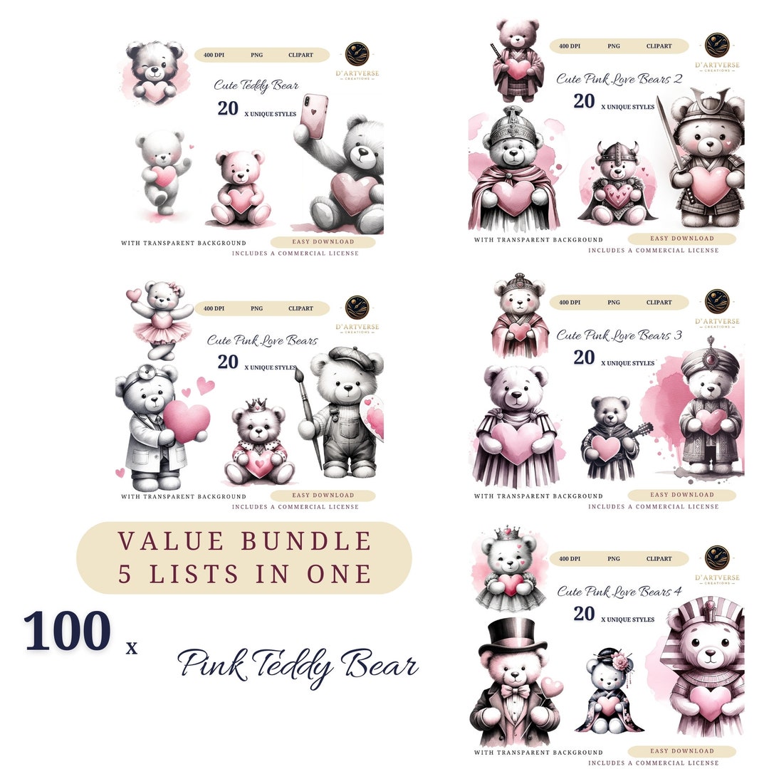 Teddy Clipart Mega Bundle Watercolor Pink Cute Animal Png Baby Bear ...
