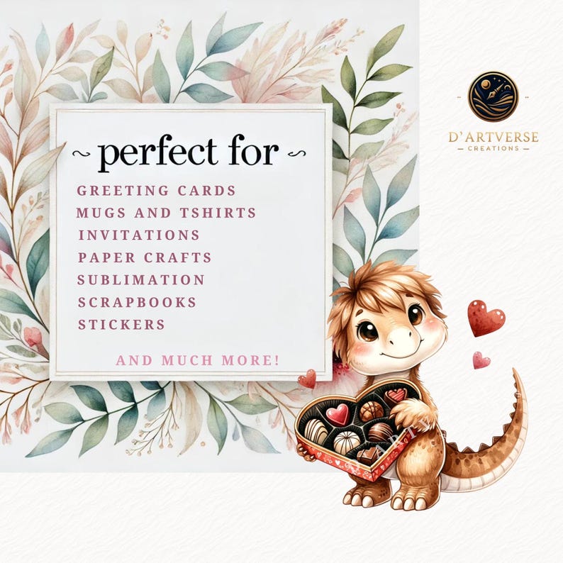 Baby Dinosaur Valentine Clipart Bundle Watercolor Cute Love Chocolate ...