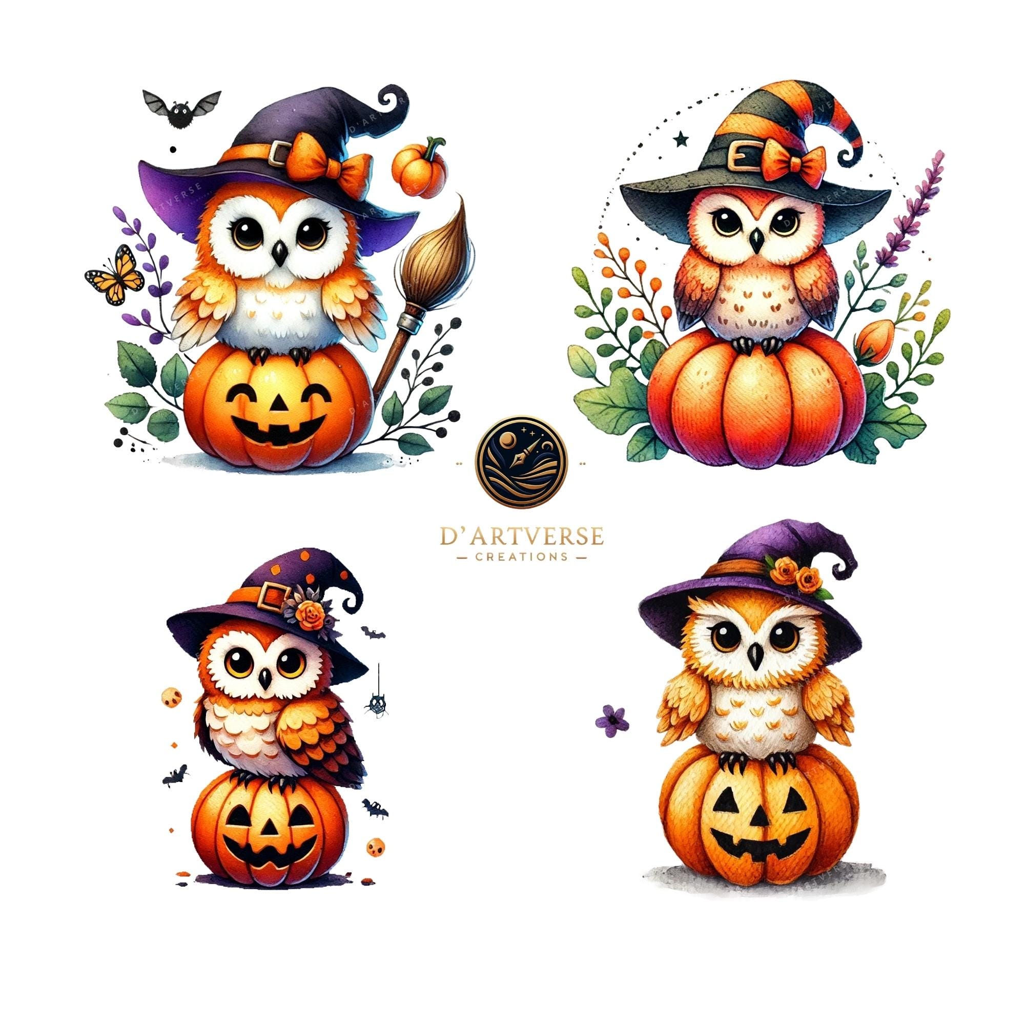 Halloween Owl Watercolor Clipart Pumpkin Cute Owl PNG Halloween Witch ...