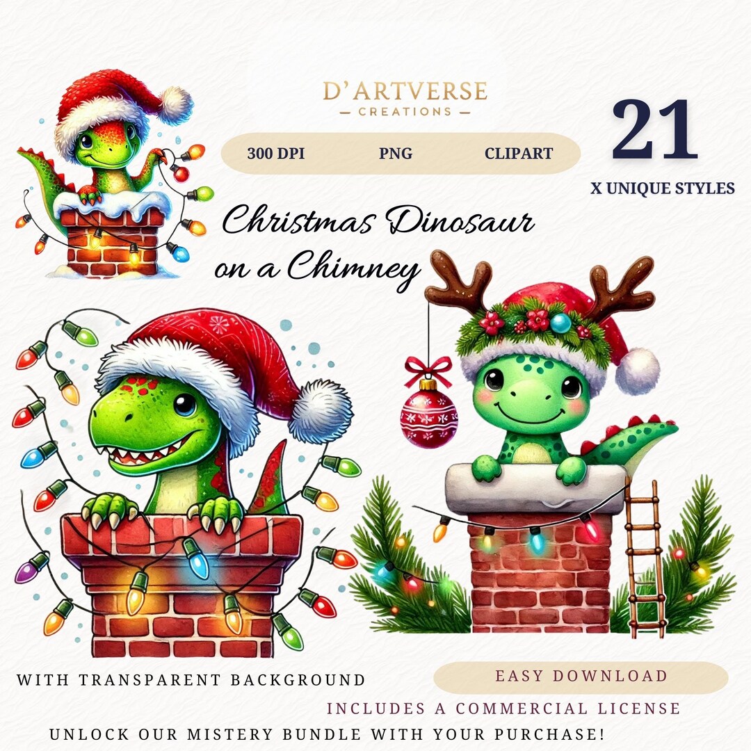 Christmas Dinosaur Clipart Watercolor Christmas PNG Bundle Holiday Dino ...