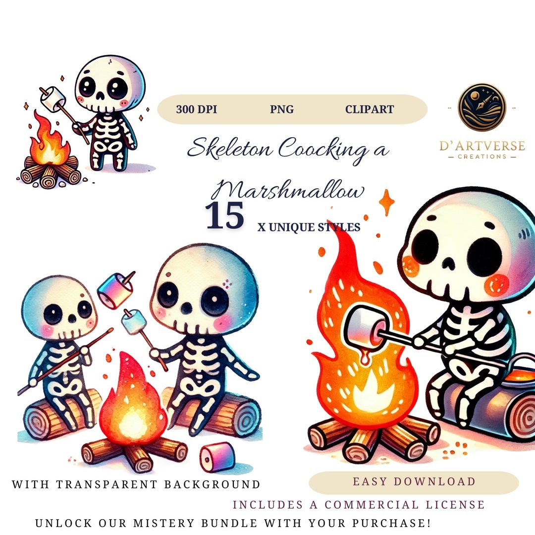Watercolor Skeleton Clipart Cute Marshmallow Campfire Halloween ...