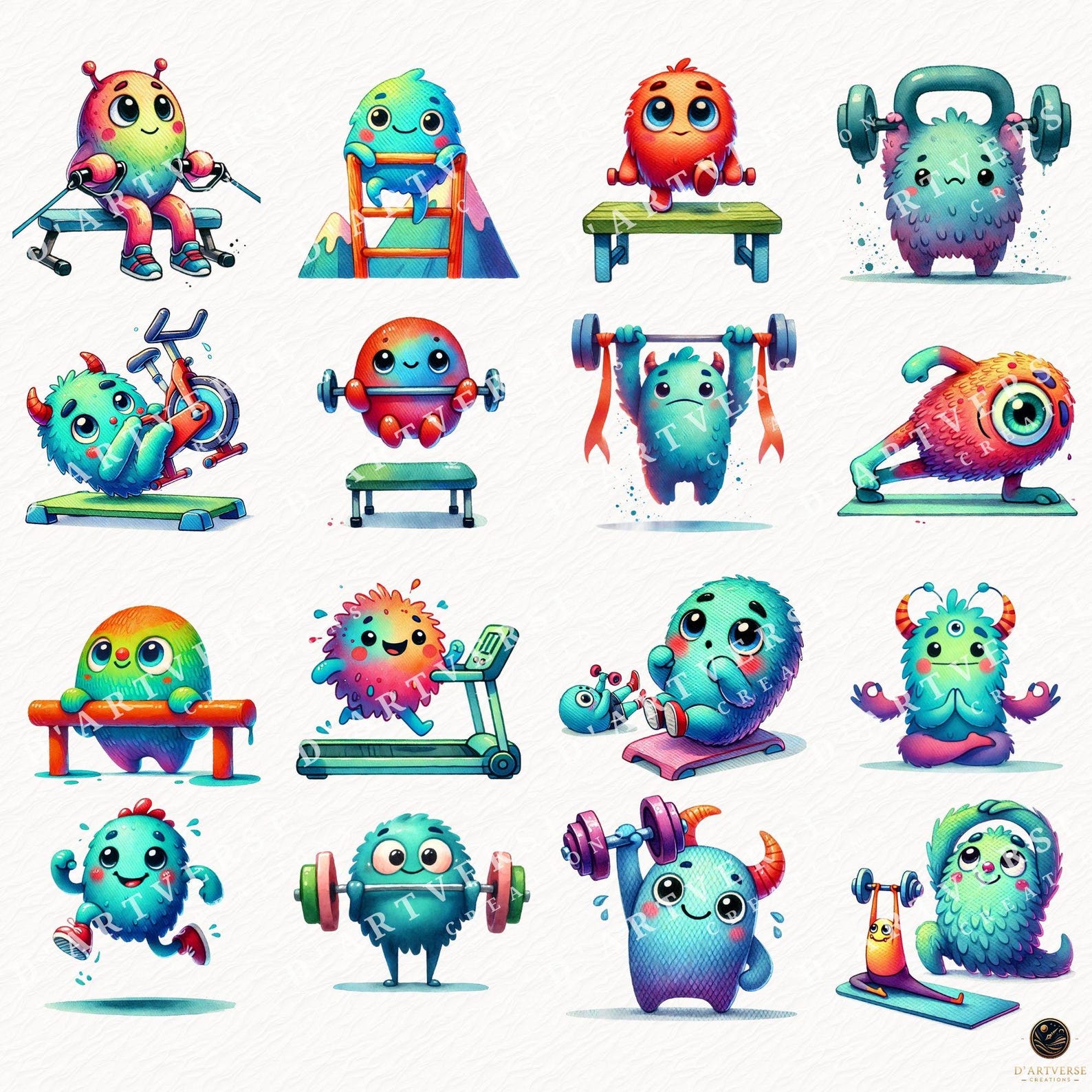 Cute Workout Monsters Clipart Bundle Watercolor Gym Creatures PNG ...