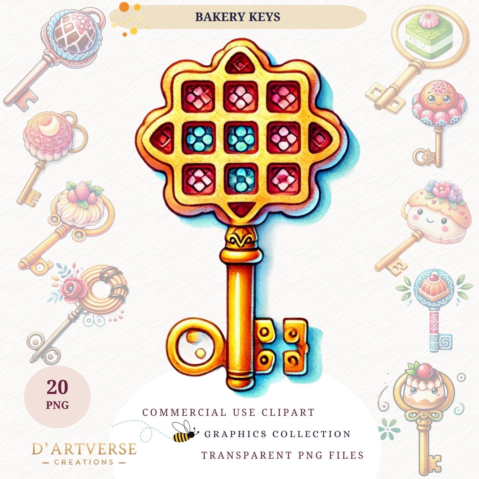 Watercolor Bakery Key Clipart Bundle Cute Cake and Pastry PNG Dessert ...