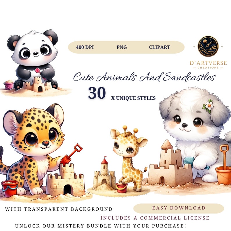 Watercolor Cute Animals Beach Clipart Baby Animal Sandcastle Png Cute ...