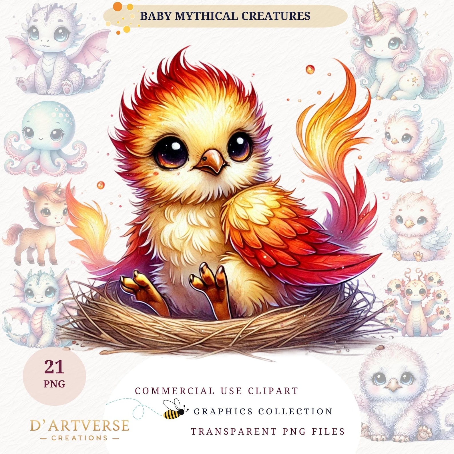 Baby Mythical Creatures Clipart Watercolor Fantasy Animals PNG Cute ...
