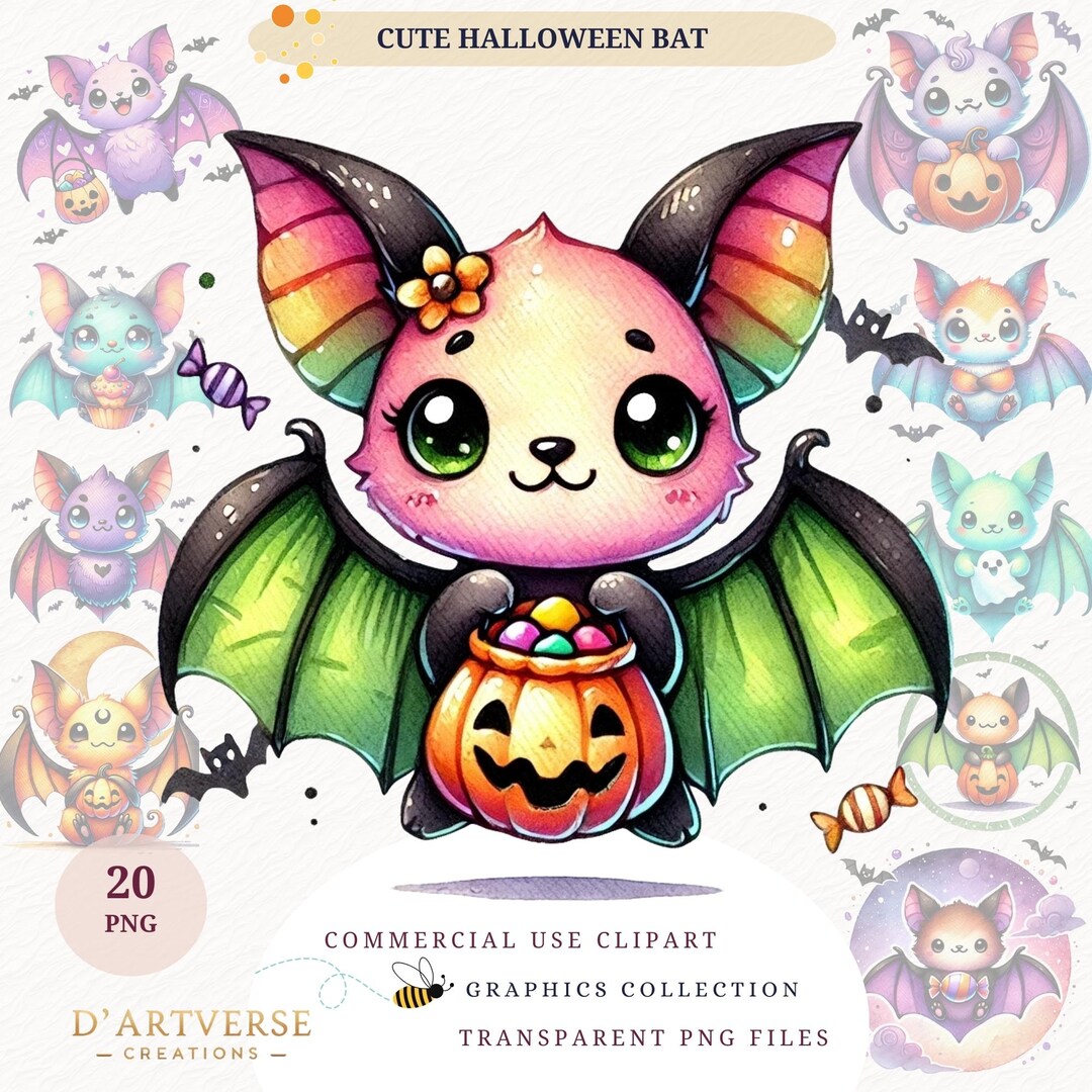 Cute Halloween Bat Clipart Watercolor Night Creature PNG Funny Bat ...