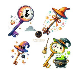 Watercolor Witch Key Clipart Fantasy Magical Keys PNG Bundle Halloween ...