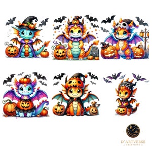 Watercolor Halloween Dragons Clipart Cute Dragon PNG Bundle Halloween ...