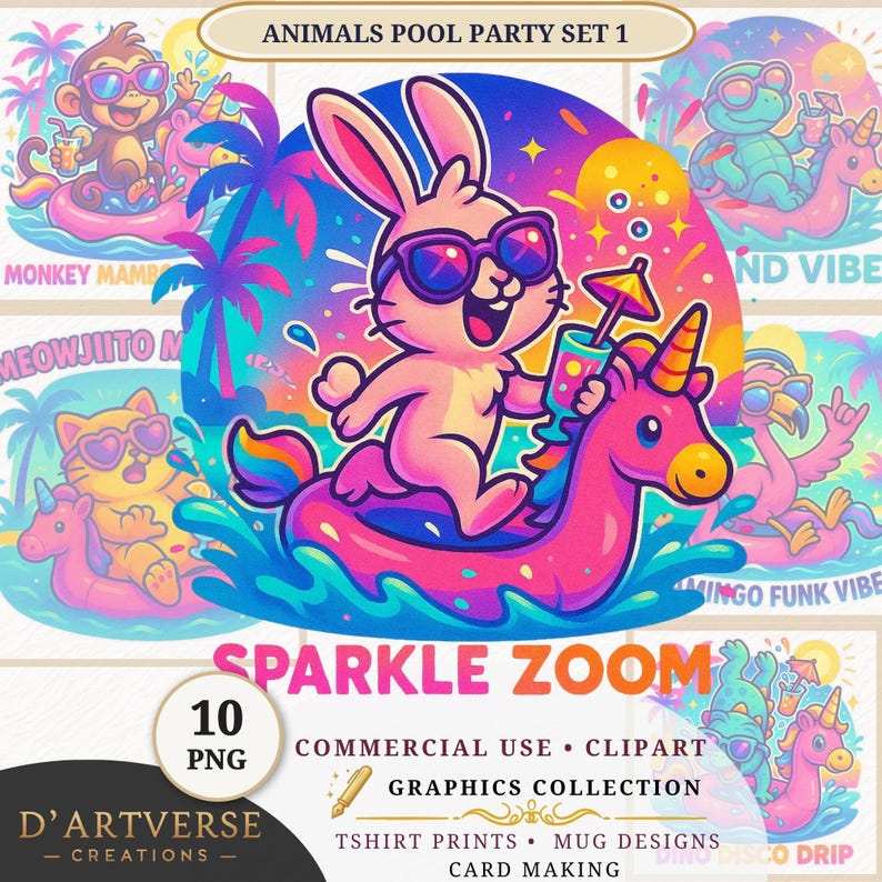 Pool Party Animals Clipart Neon Summer Funny Quotes Cartoon PNG ...