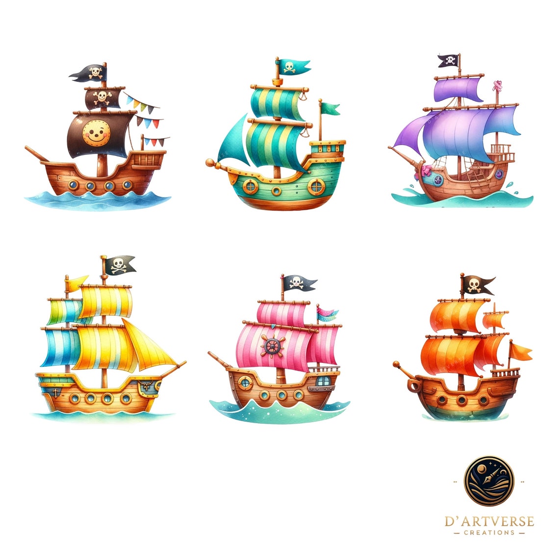 Watercolor Pirate Ships Clipart Bundle Digital Pirate Ship Graphics ...