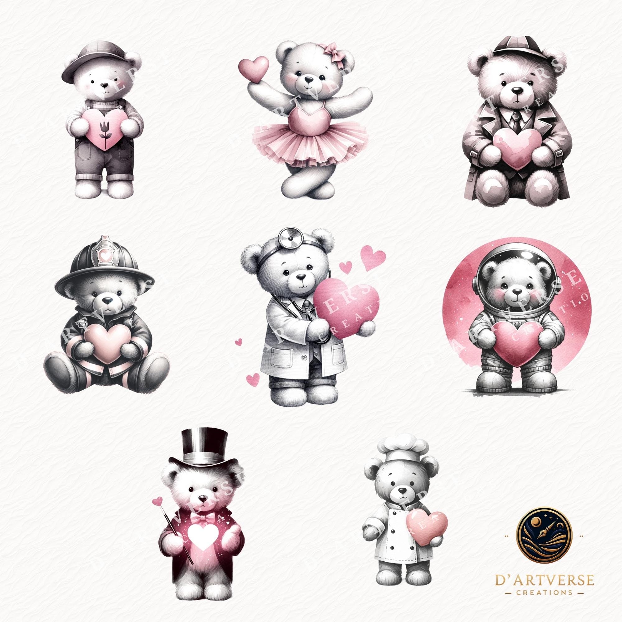 Watercolor Teddy Bear Clipart Bundle Cute Baby Bear With Pink Heart PNG ...
