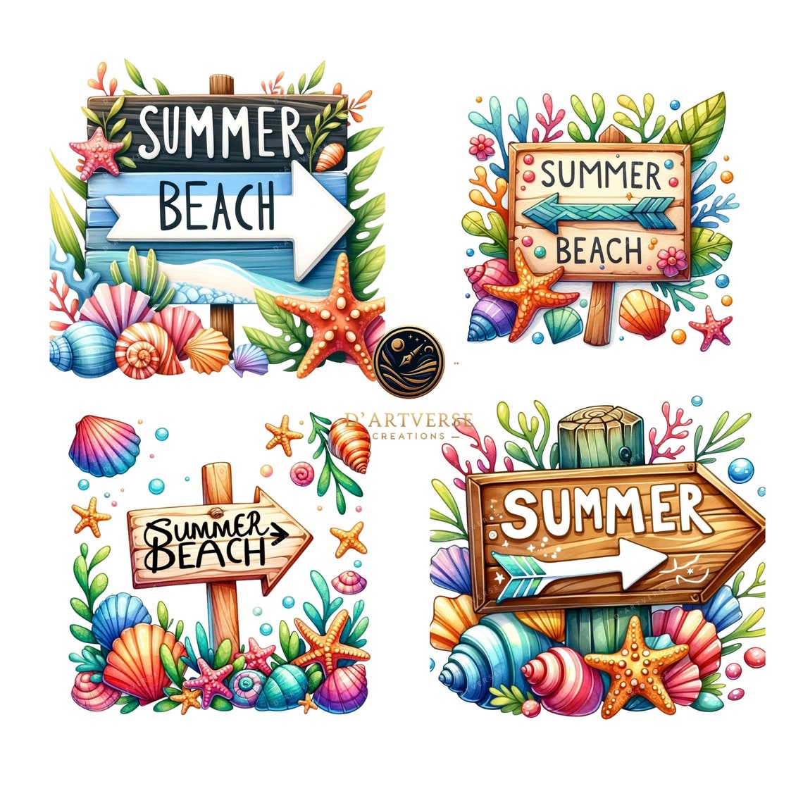 Summer Beach Signs Clipart Watercolor Beach Graphics Coastal Clipart ...