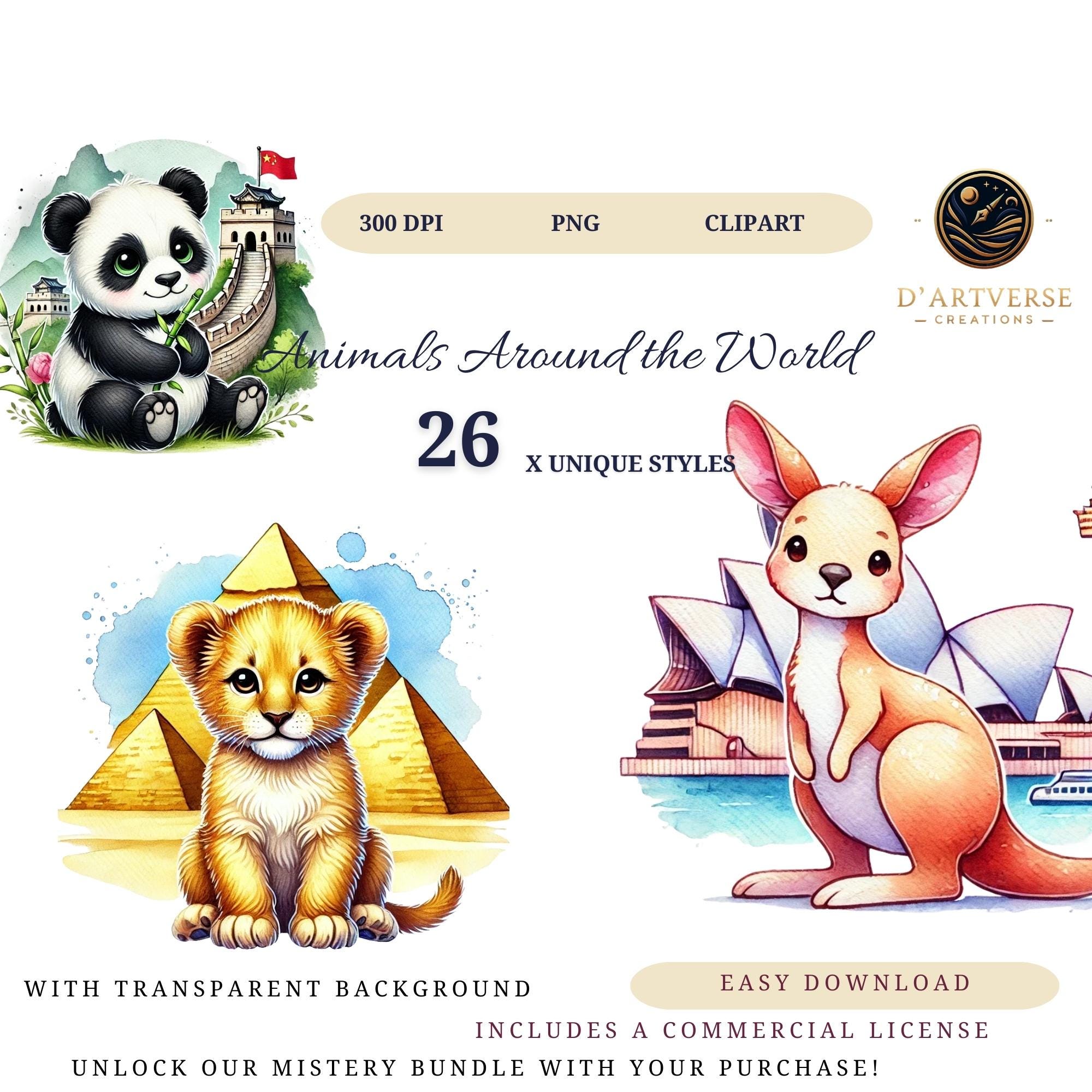 Watercolor World Animals Clipart Bundle Cute Animal Graphics Global ...