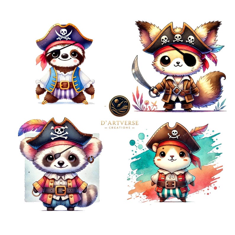 Watercolor Pirate Animal Clipart Bundle Cute Animal Pirate Graphics ...