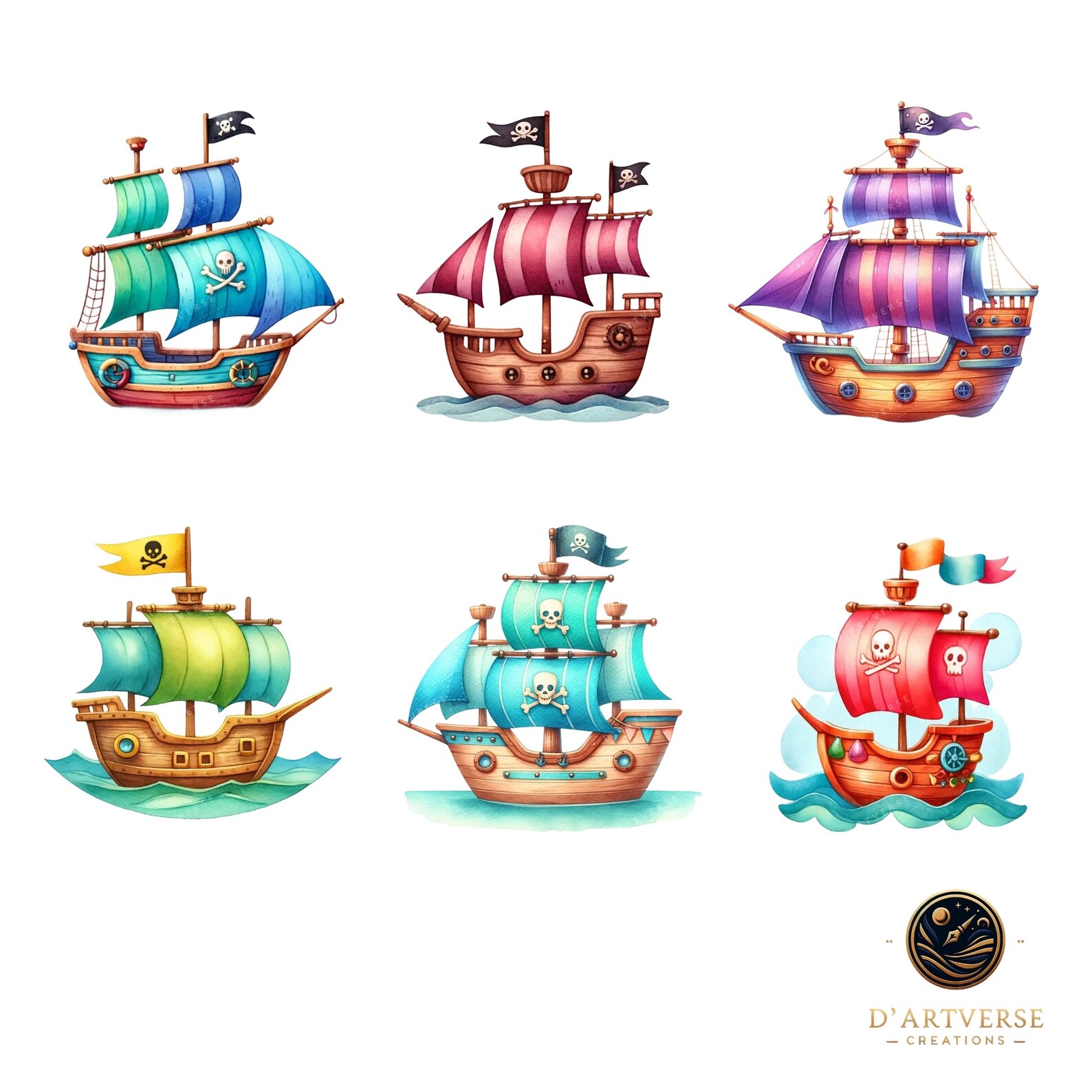 Watercolor Pirate Ships Clipart Bundle Digital Pirate Ship Graphics ...