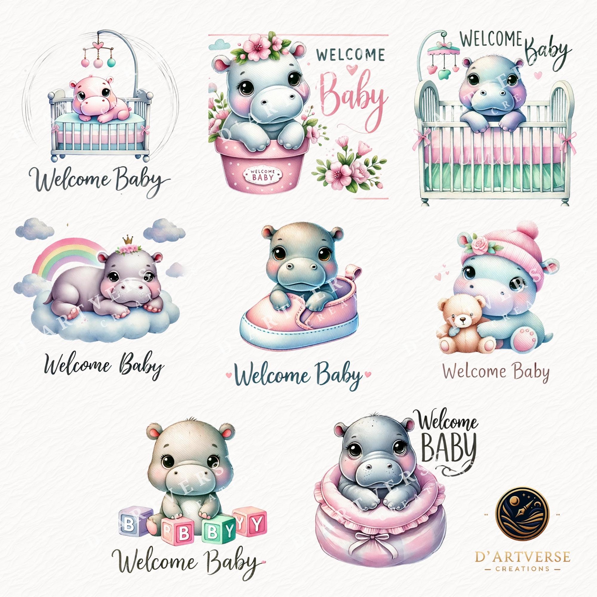 Watercolor Baby Hippo Clipart Bundle Cute Pastel Nursery Animal PNG ...