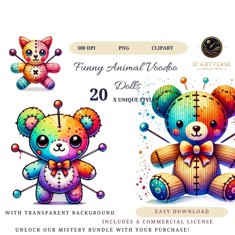 Watercolor Voodoo Doll Clipart Cute Animal Doll Graphics Voodoo Bear ...
