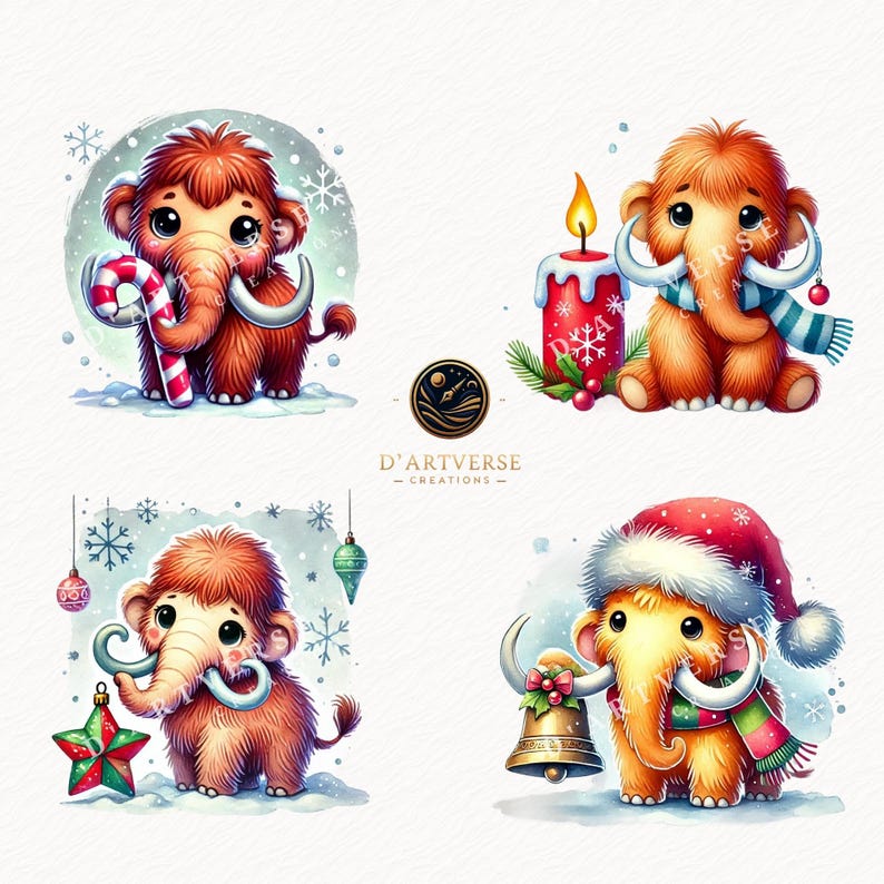 Christmas Mammoth Clipart Bundle Cute Winter Animal PNG Watercolor ...