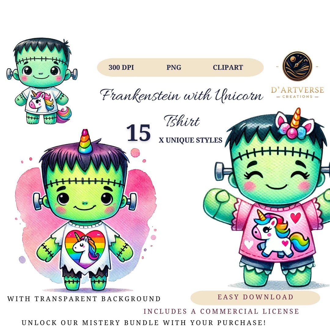 Frankenstein Halloween Clipart Bundle Cute Monster Halloween Unicorn ...