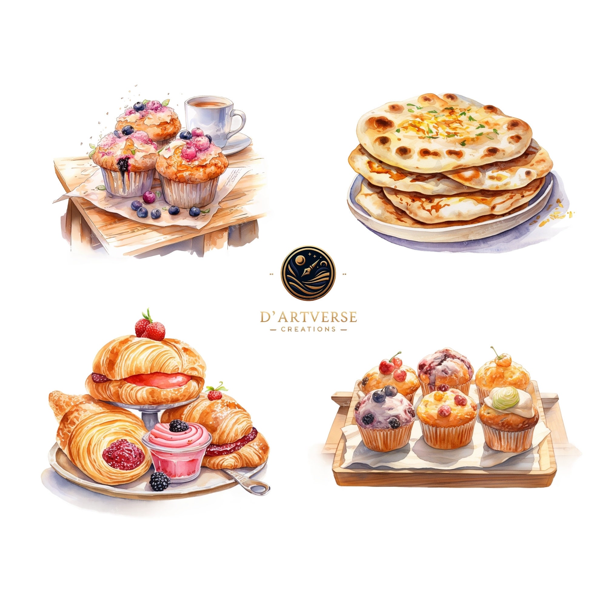 Watercolor Bakery Clipart Bread Croissant French Baguette Png Breakfast ...