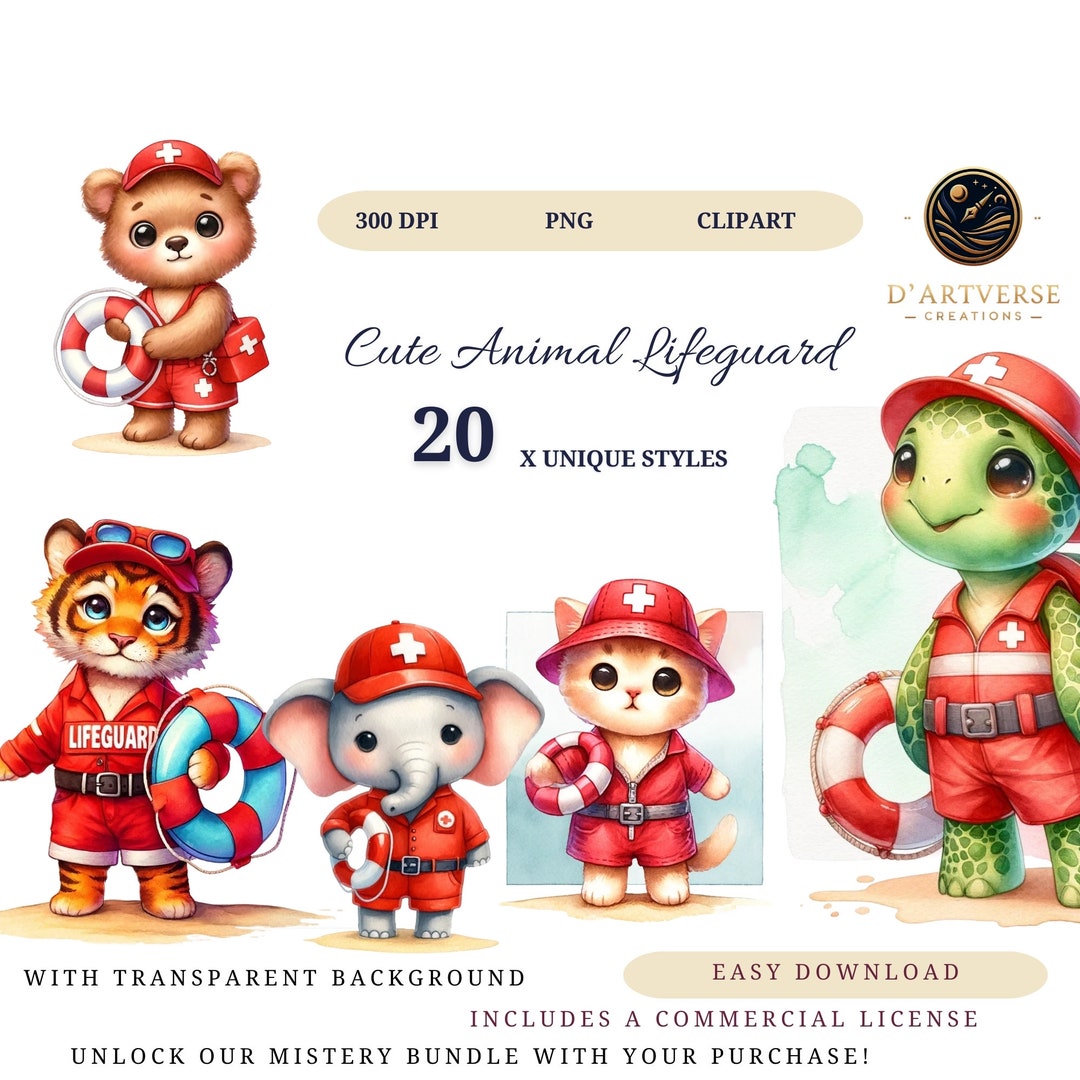 Watercolor Cute Animal Lifeguard Clipart Bundle 20 Pngs Animal Rescue ...