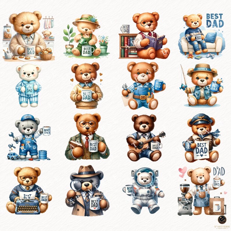 Father’s Day Teddy Bear Clipart Bundle Watercolor Cute Dad Mug PNG ...