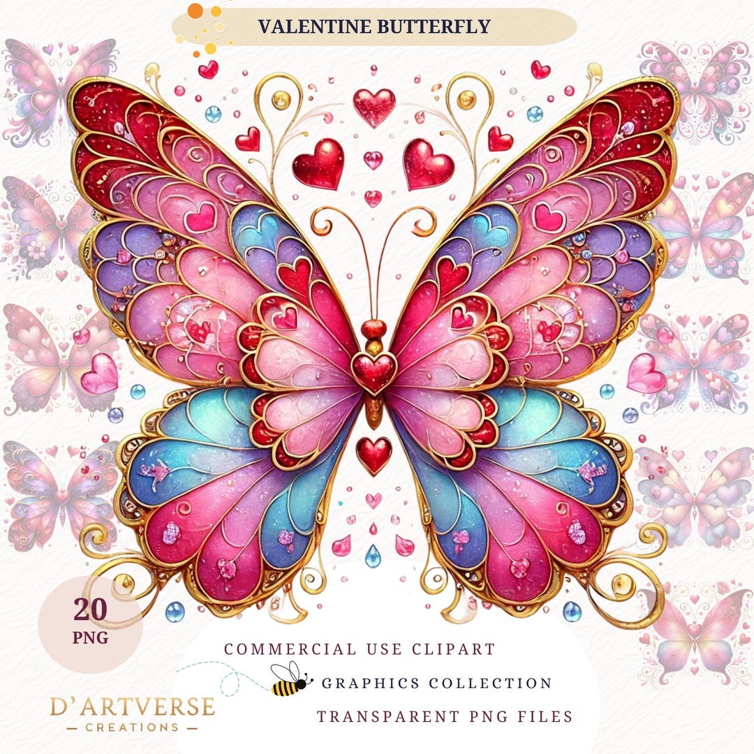 Valentine Heart Butterfly Clipart Watercolor Romantic Graphic ...