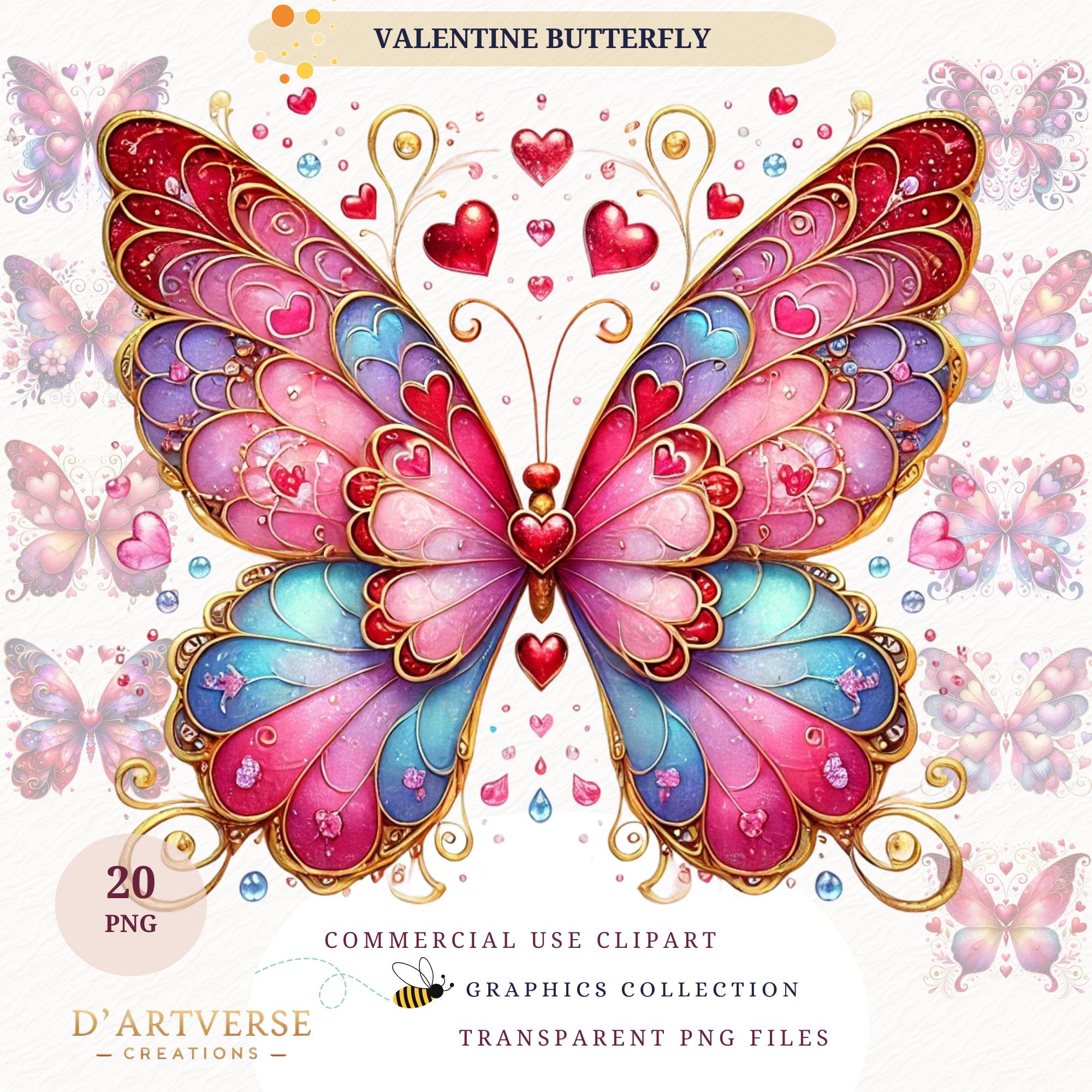 Valentine Heart Butterfly Clipart Watercolor Romantic Graphic ...
