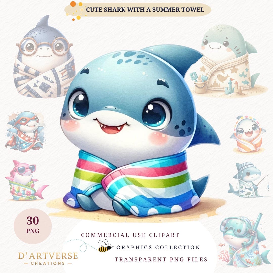 Cute Shark Clipart Bundle Baby Shark PNG Summer Beach Animal Digital ...