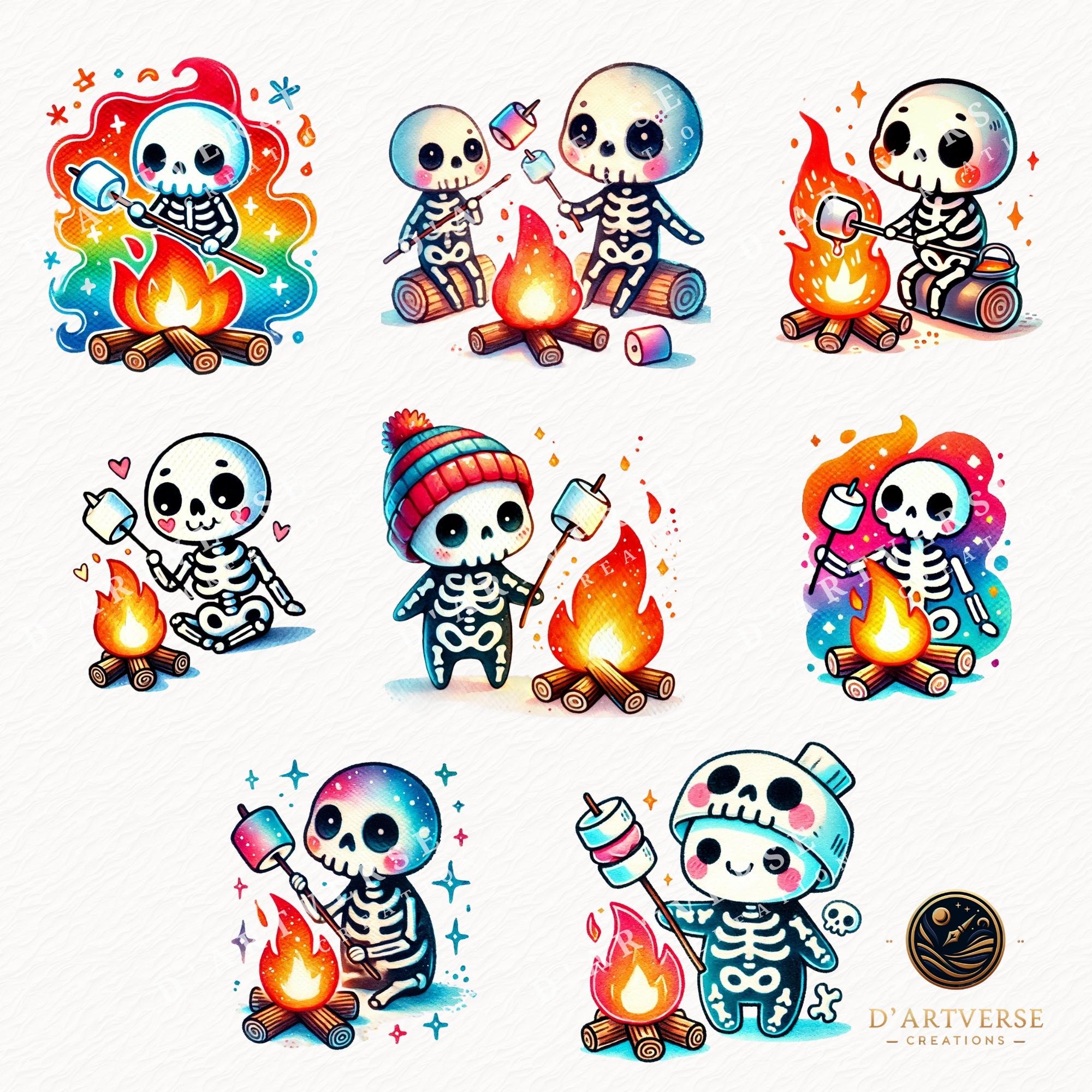 Watercolor Skeleton Campfire Clipart Cute Marshmallow Bonfire PNG ...