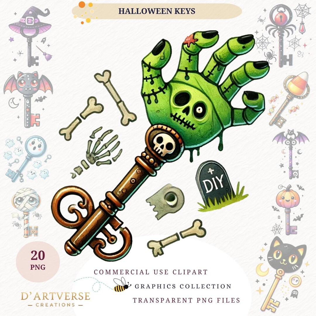 Watercolor Halloween Keys Clipart Spooky Key Graphics Cute Ghost Key ...