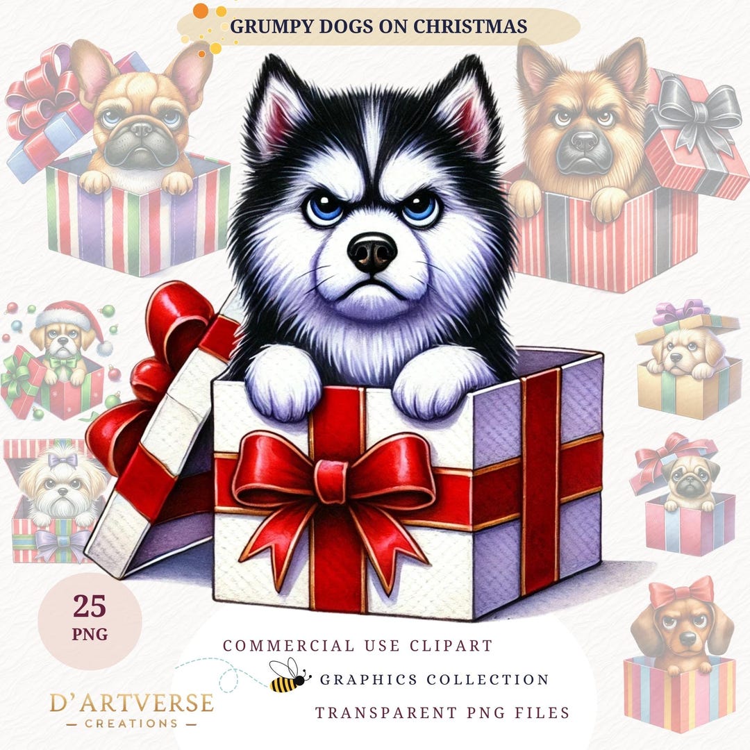 Grumpy Dog Christmas Clipart Bundle Watercolor Holiday Puppy PNG ...
