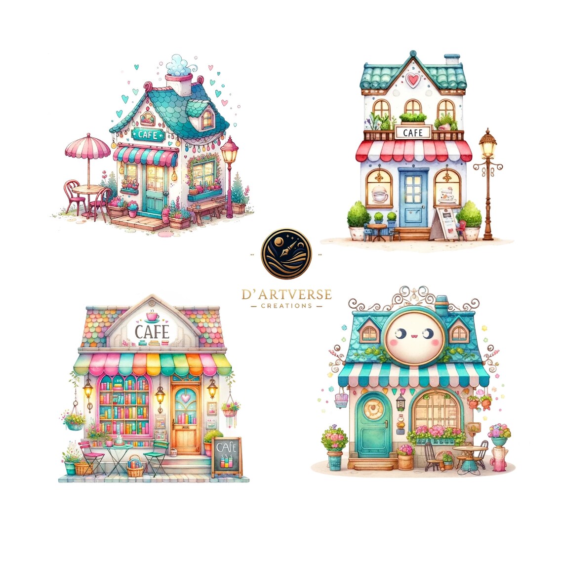 Watercolor Cute Cafe Clipart Digital Cafe Graphics PNG Coffee Shop ...