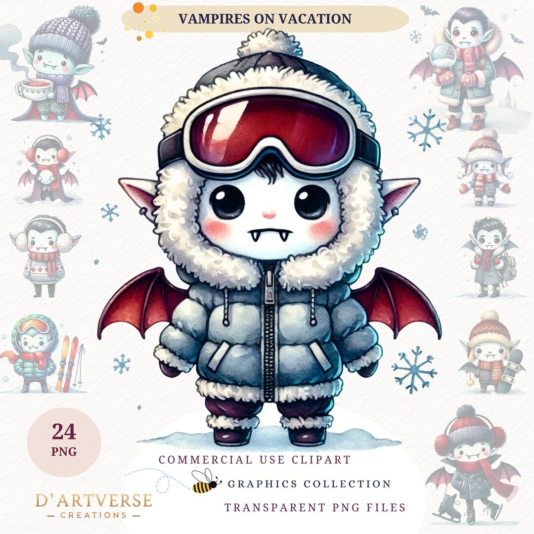 Vampire Winter Clipart Bundle Cute Holiday Graphics Watercolor Snow ...