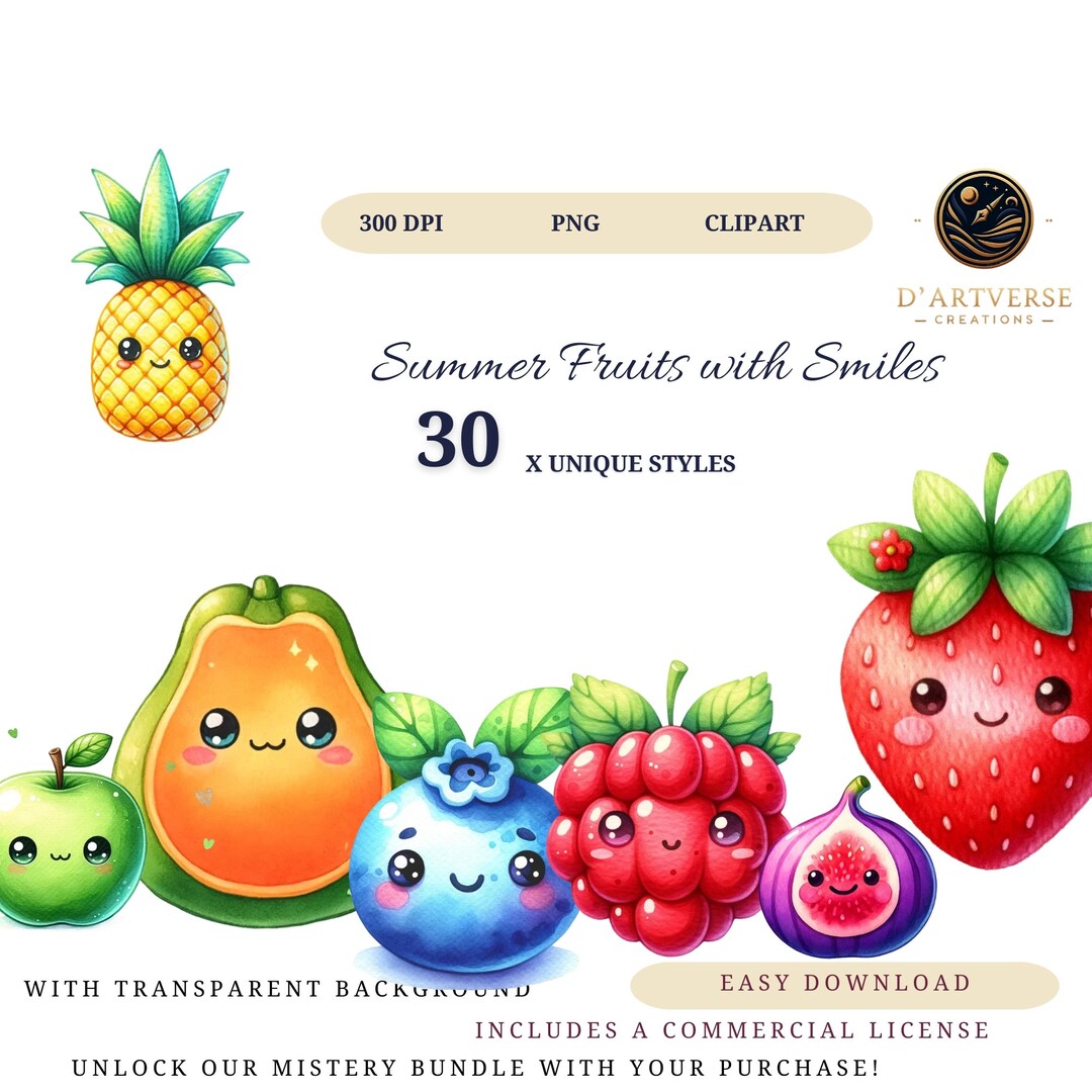Watercolor Summer Fruits Clipart Cute Fruit Illustrations Kawaii Fruit ...