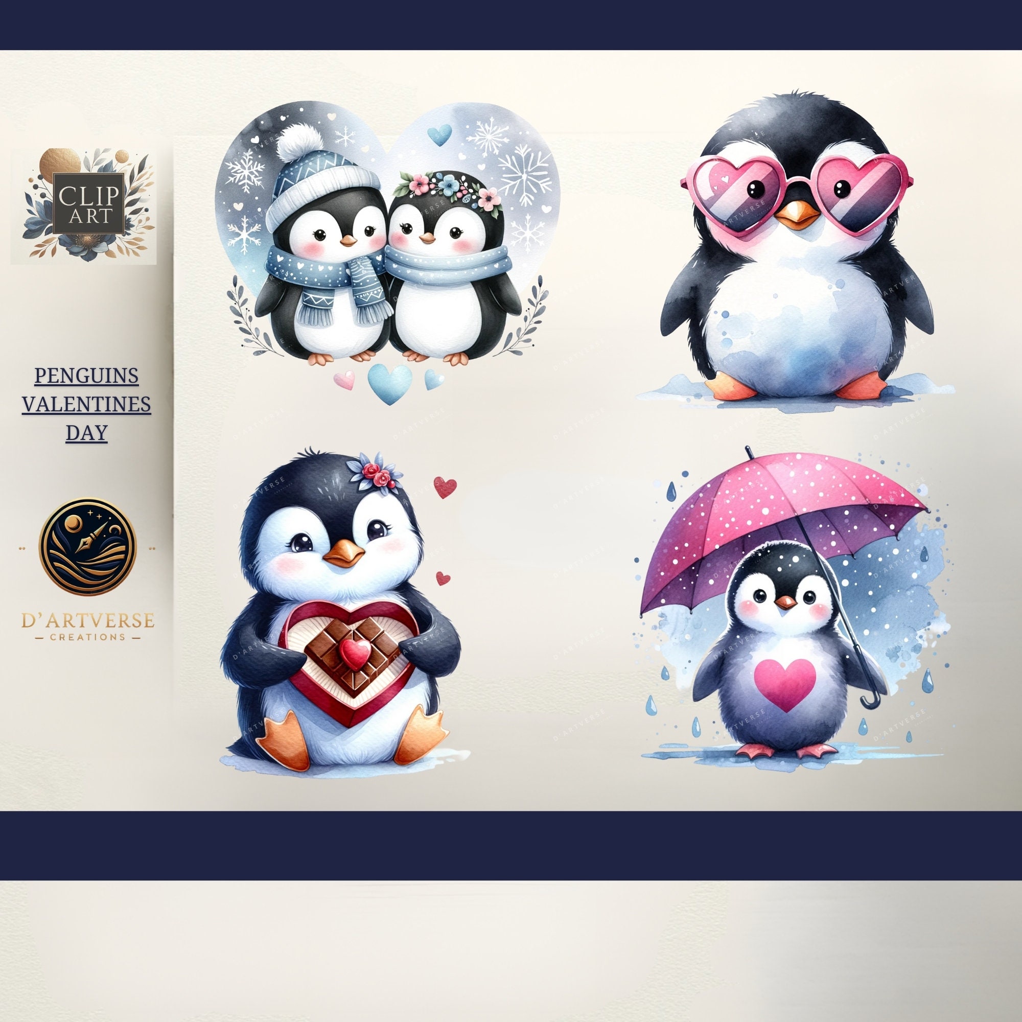 Watercolor Penguin Art Valentine Clipart Set Romantic Penguins Digital ...