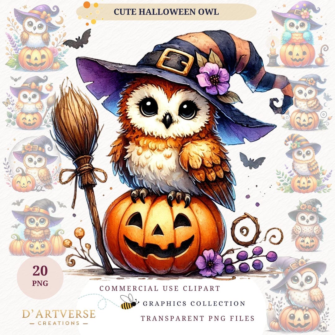 Halloween Owl Watercolor Clipart Cute Fall Owl With Pumpkin PNG Witch ...