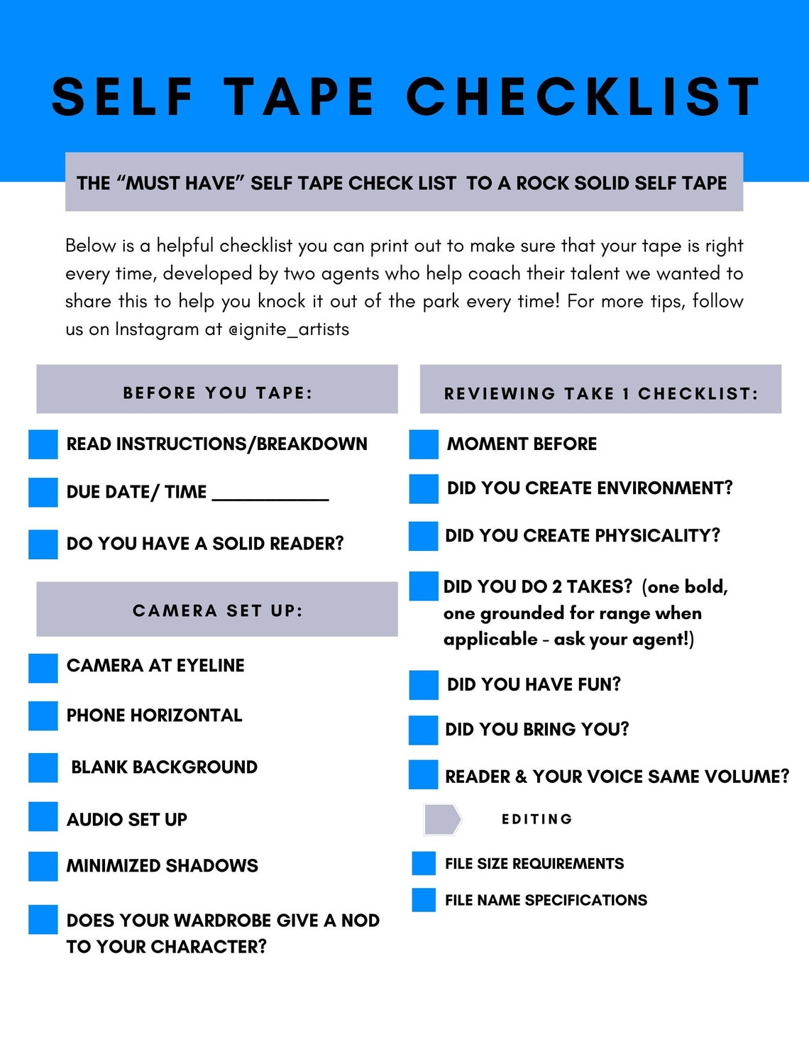 Self-tape Checklist for Actors - Etsy