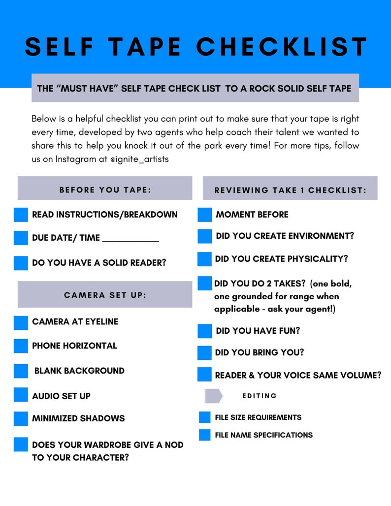 Self-tape Checklist for Actors - Etsy
