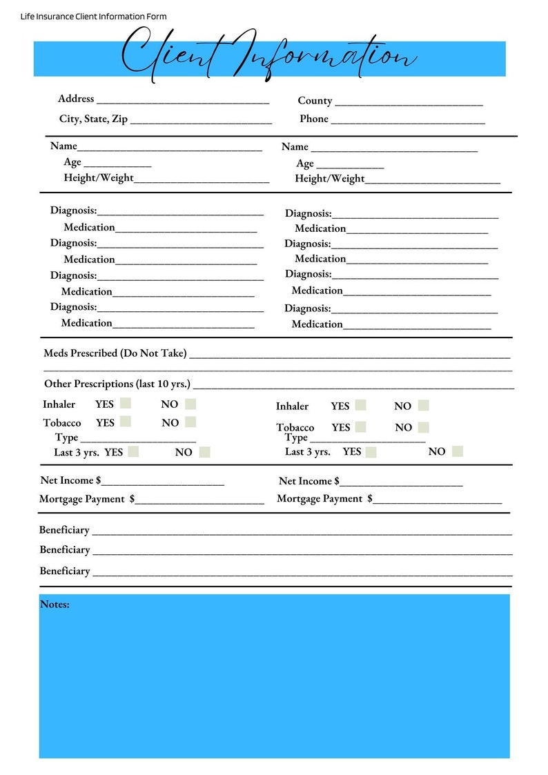 Life Insurance Client Information Form Mortgage Protection Printable - Etsy