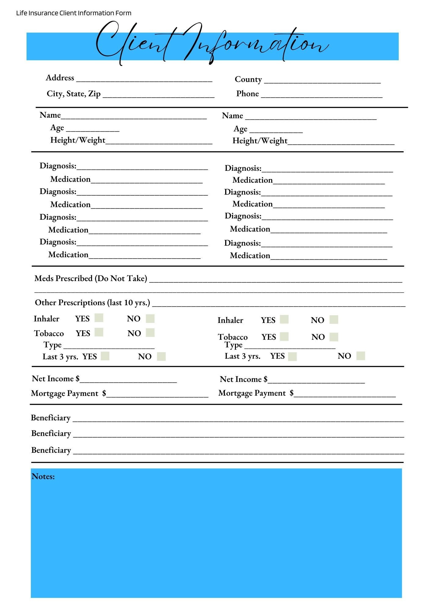 Life Insurance Client Information Form Mortgage Protection Printable - Etsy