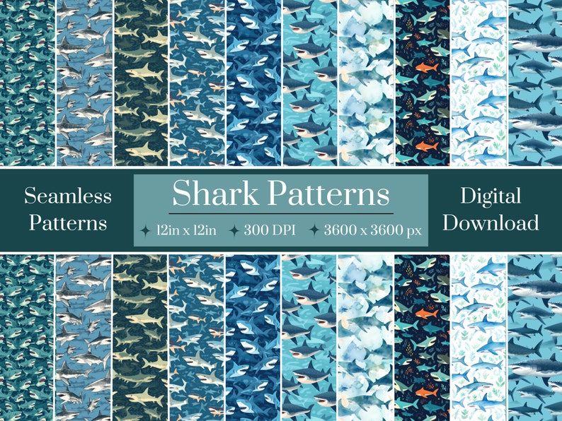 Shark Seamless Designs Bundle, Scary and Fun Digital Pattern Download ...