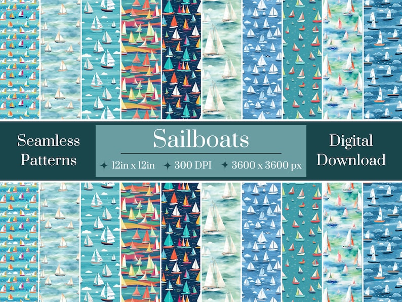 Sailboats Seamless Design Bundle, Nautical Digital Pattern Download ...