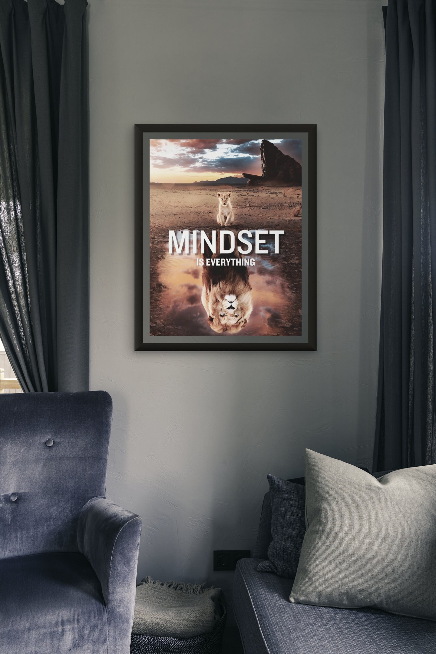 Mindset is Everything Quote Wall Art poster/canvas Lion Cub Reflection ...