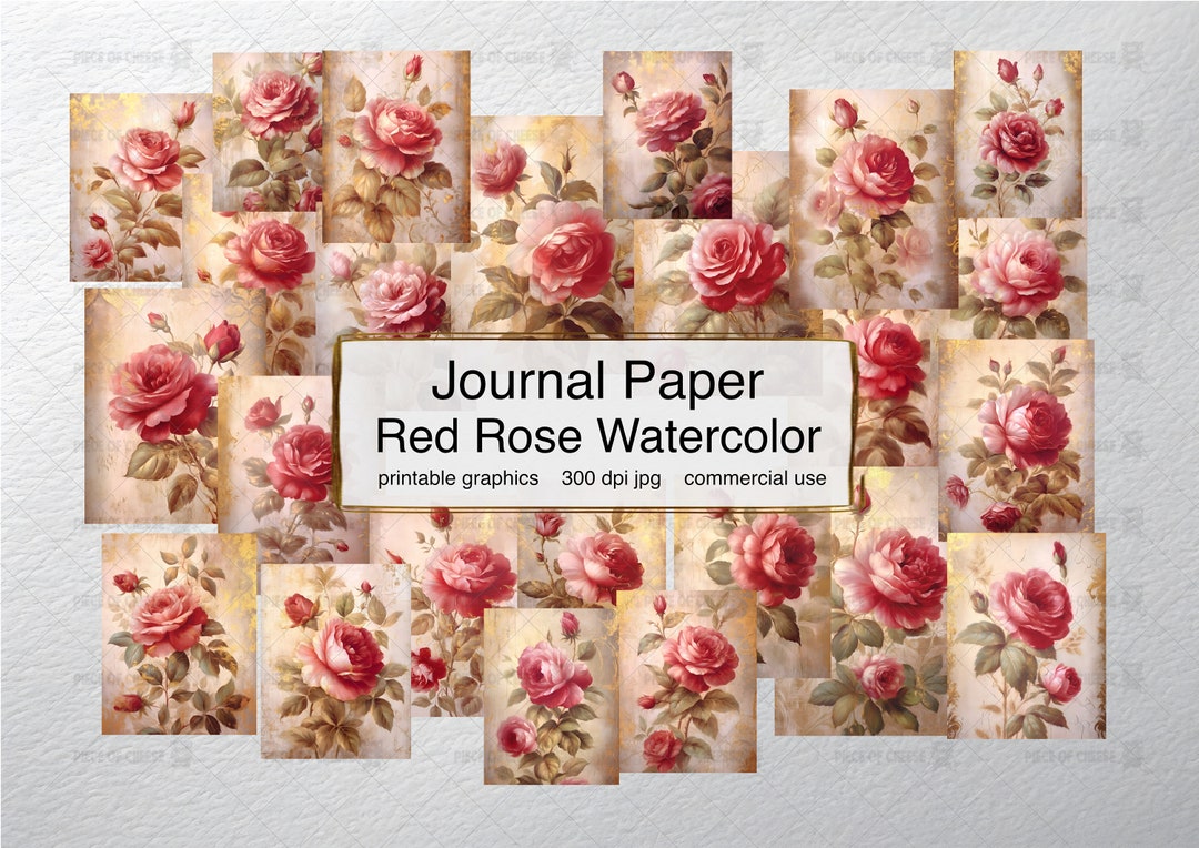 Antique Romance Red Rose Watercolor Journal Paper | 300 Dpi | Printable ...