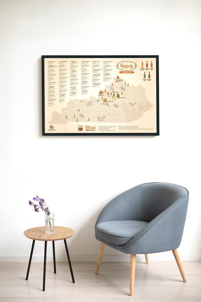 Framed Map of All Kentucky Bourbon Distilleries. High Resolution Custom ...