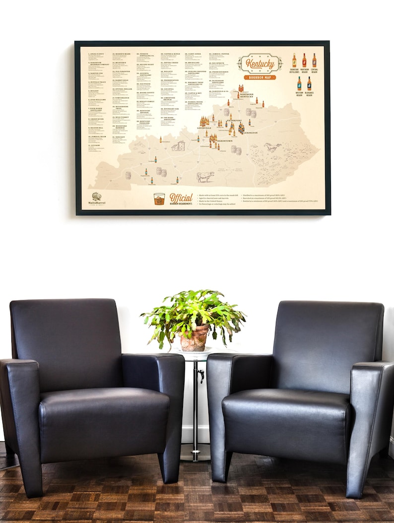 Framed Map of All Kentucky Bourbon Distilleries. High Resolution Custom ...