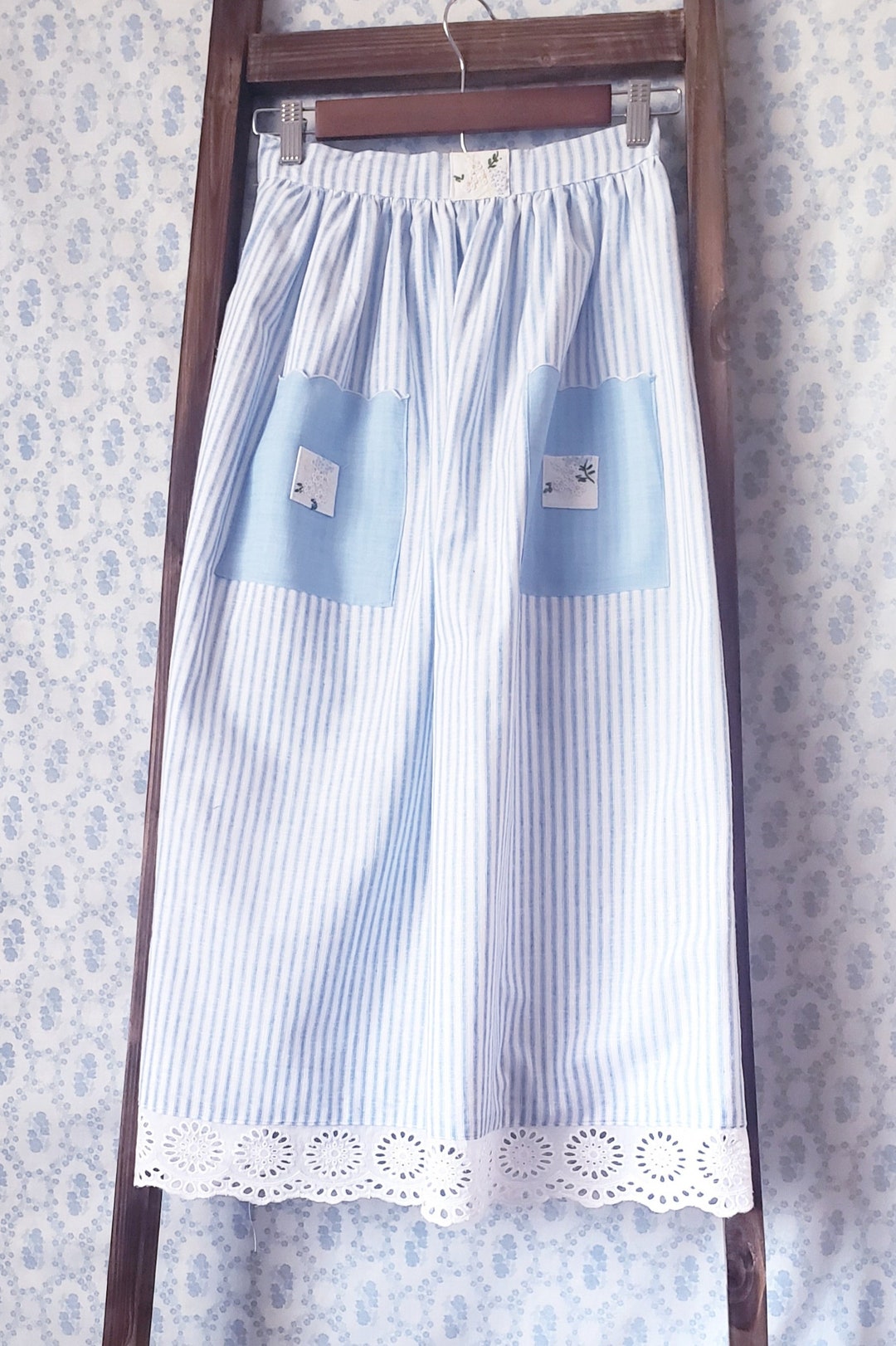 Blue Striped Floral Half Apron, the model of Patience Apron - Etsy